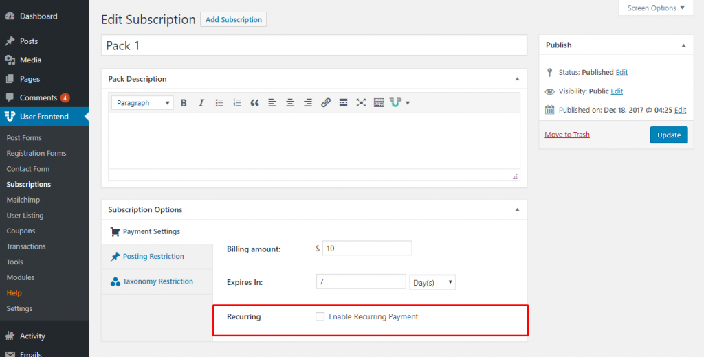 Setting Up Recurring Payment for the WP User Frontend - weDevs