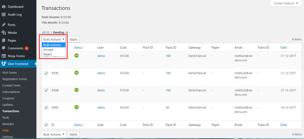 Bulk Accept or Reject Transactions - weDevs