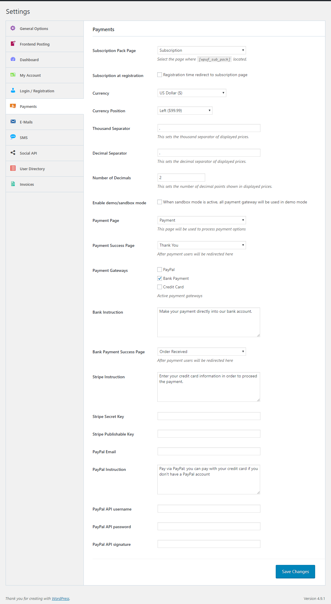 Payment and Gateway Settings of WP User Frontend - weDevs
